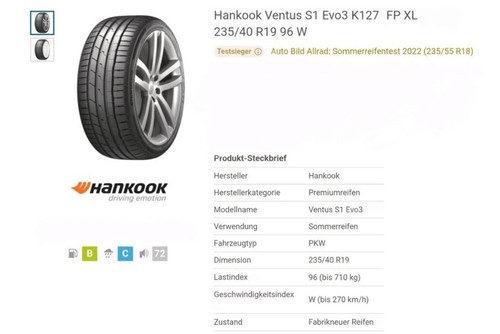 Hankook Ventus S1 evo3 (K127) 235/40 R19 96W XL, 2 Stück 8808563557731 ...