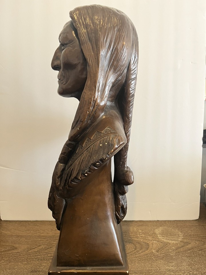 PLASTER Chalk Ware NATIVE AMERICAN Indian WARRIOR Hand Painted 18" BUST ...