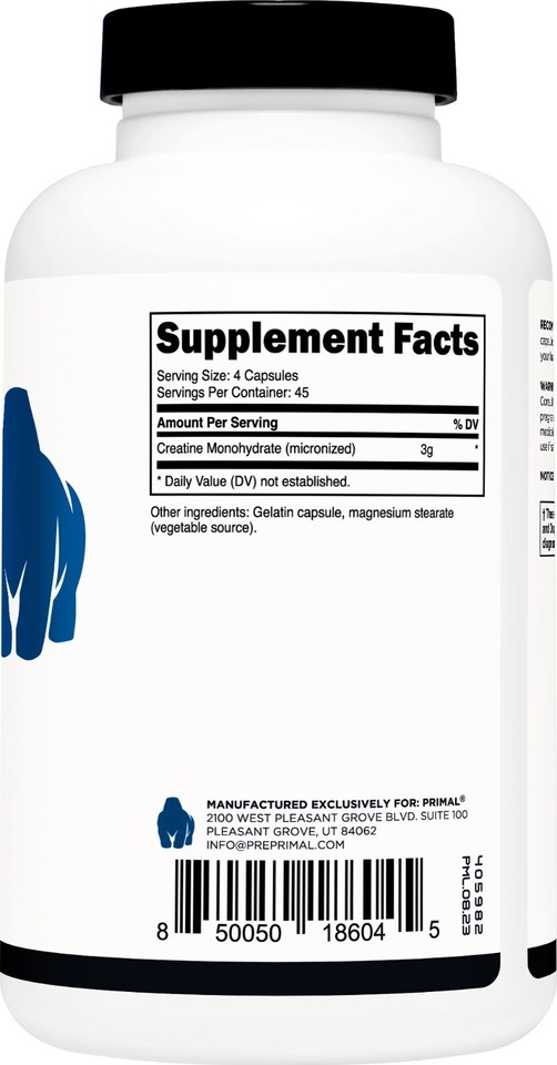 Primal Creatine Monohydrate 3,000 mg, 180 Caps - Micronized Non-GMO ...