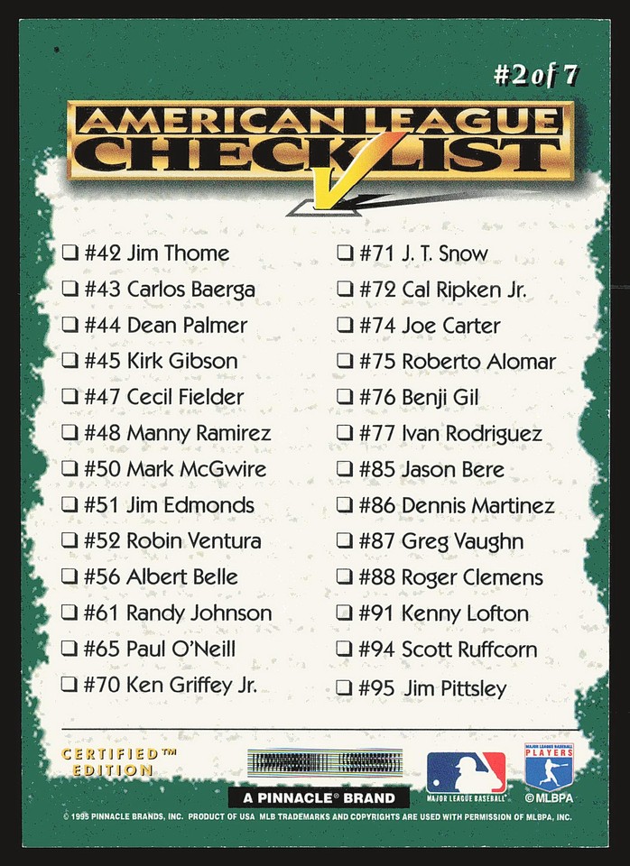 1995 Select Certified #2 American League Checklist Checklists | eBay