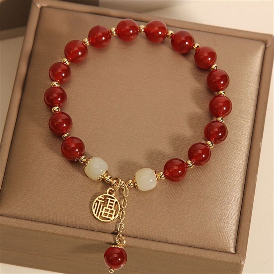 Fresh Sweet Style Red Agate Beaded Bracelet with Fu Character for Women ...