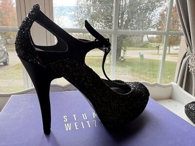 Stuart Weitzman Tease Black Glitter Pump High Heels Bridal Wedding Size ...