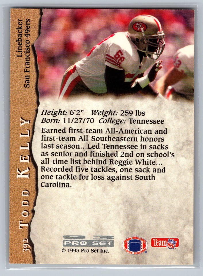 1993 Pro Set Football #392 Todd Kelly RC San Francisco 49ers | eBay