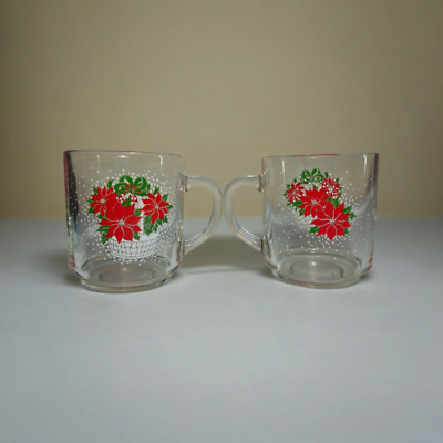 2 Vintage Luminarc Christmas Mugs Poinsettia Design Clear Glass Cups | eBay