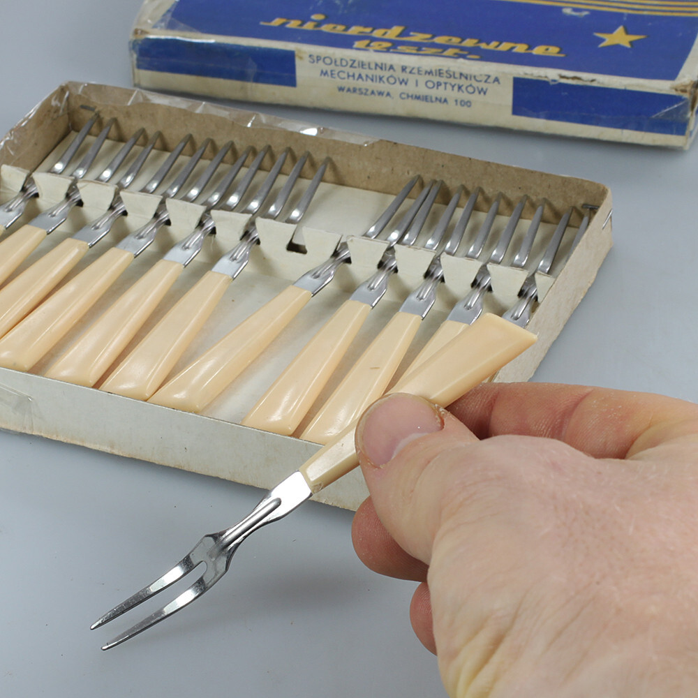 old vintage rare yellow Stainless Steal Snack Forks 12 piece Set with ...