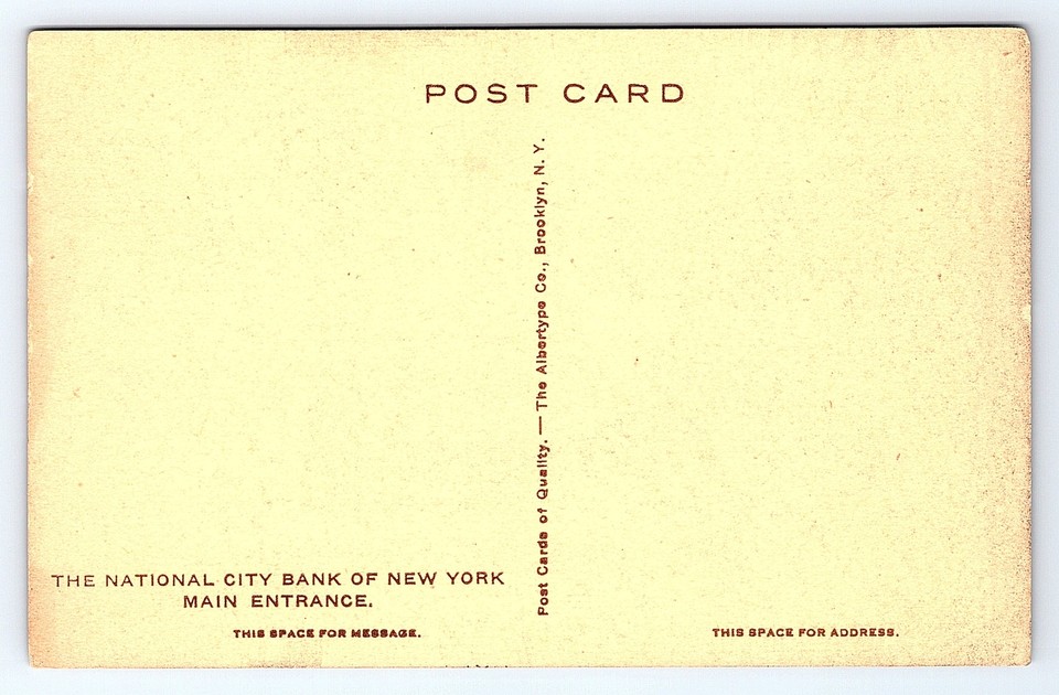 Postcard National City Bank New York Main Entrance The Albertype Co. | eBay