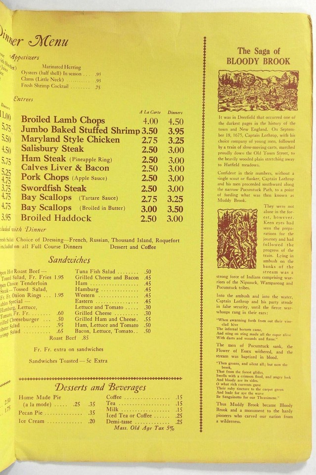1960's Vintage Dinner Menu THE GABLES Food Shop Restaurant Deerfield MA ...