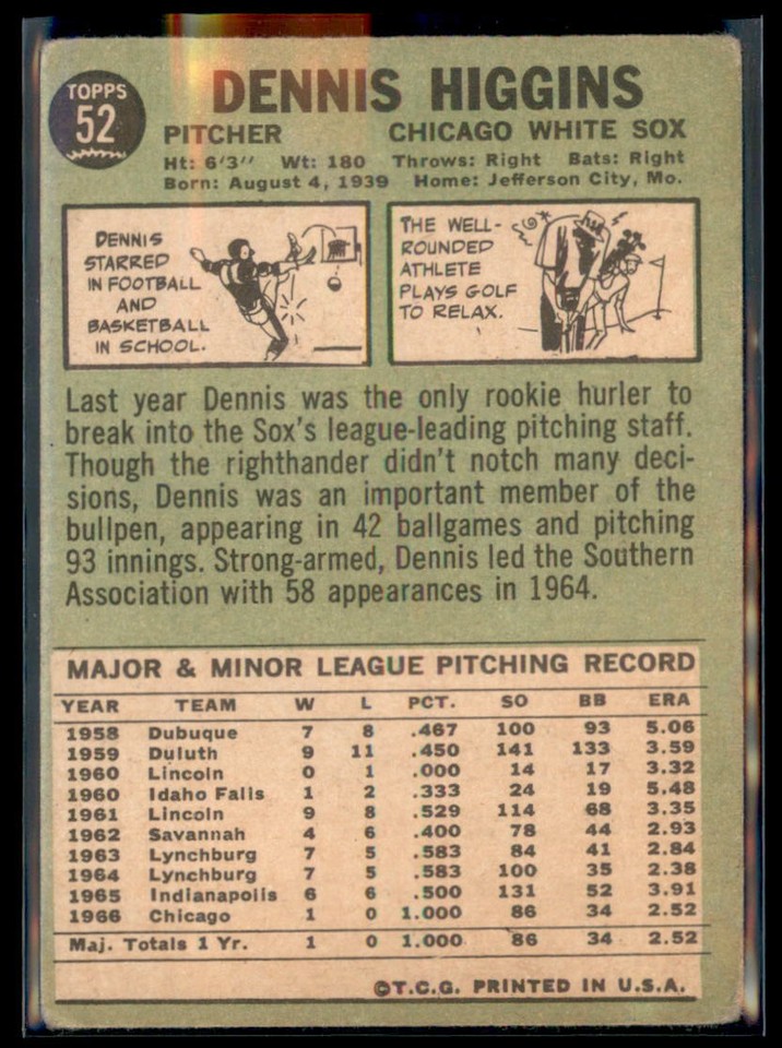 1967 Topps #52 Dennis Higgins VG | eBay