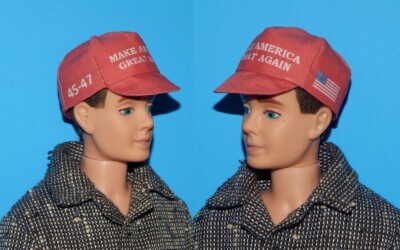 MAGA Hat Baseball Cap Ken Barbie Doll Size ~ Red with 45-47 and Flag on ...