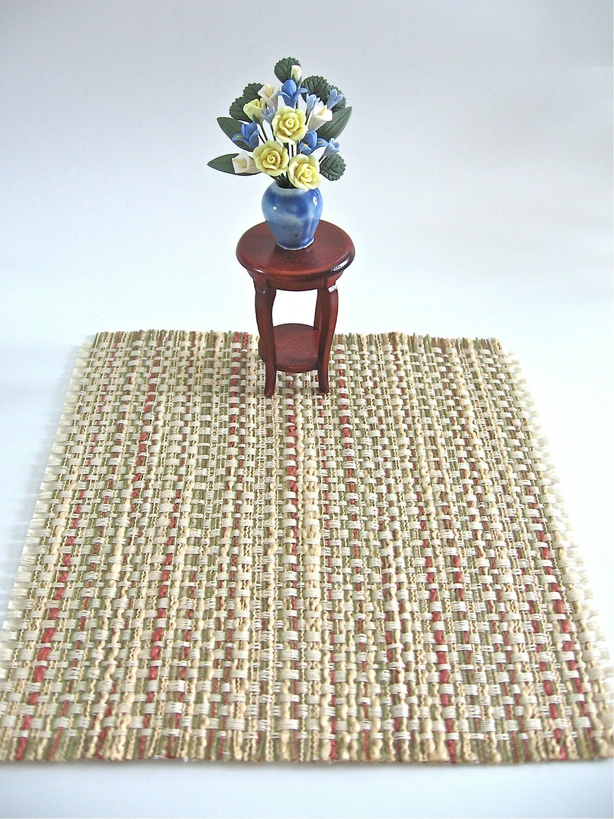 dollhouse doll house miniature WOVEN RUG CARPET TWEED BEIGE RUST GREEN ...
