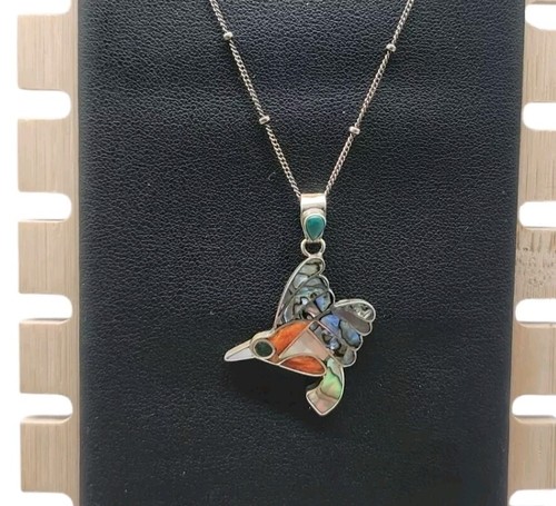 950 Hummingbird Pendant Necklace Fine Silver Inlaid Gemstones 18" 925 ...