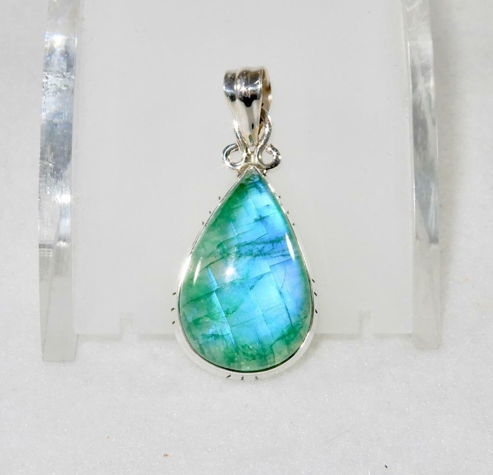 Rainbow Moonstone Dyed Green Flashy Large Teardrop Pendant 925 Sterling ...