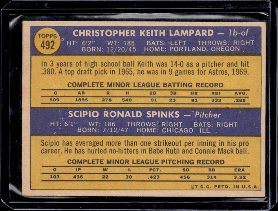 Astros Rookie Stars Keith Lampard / Scipio Spinks 1970 Topps #492 ...