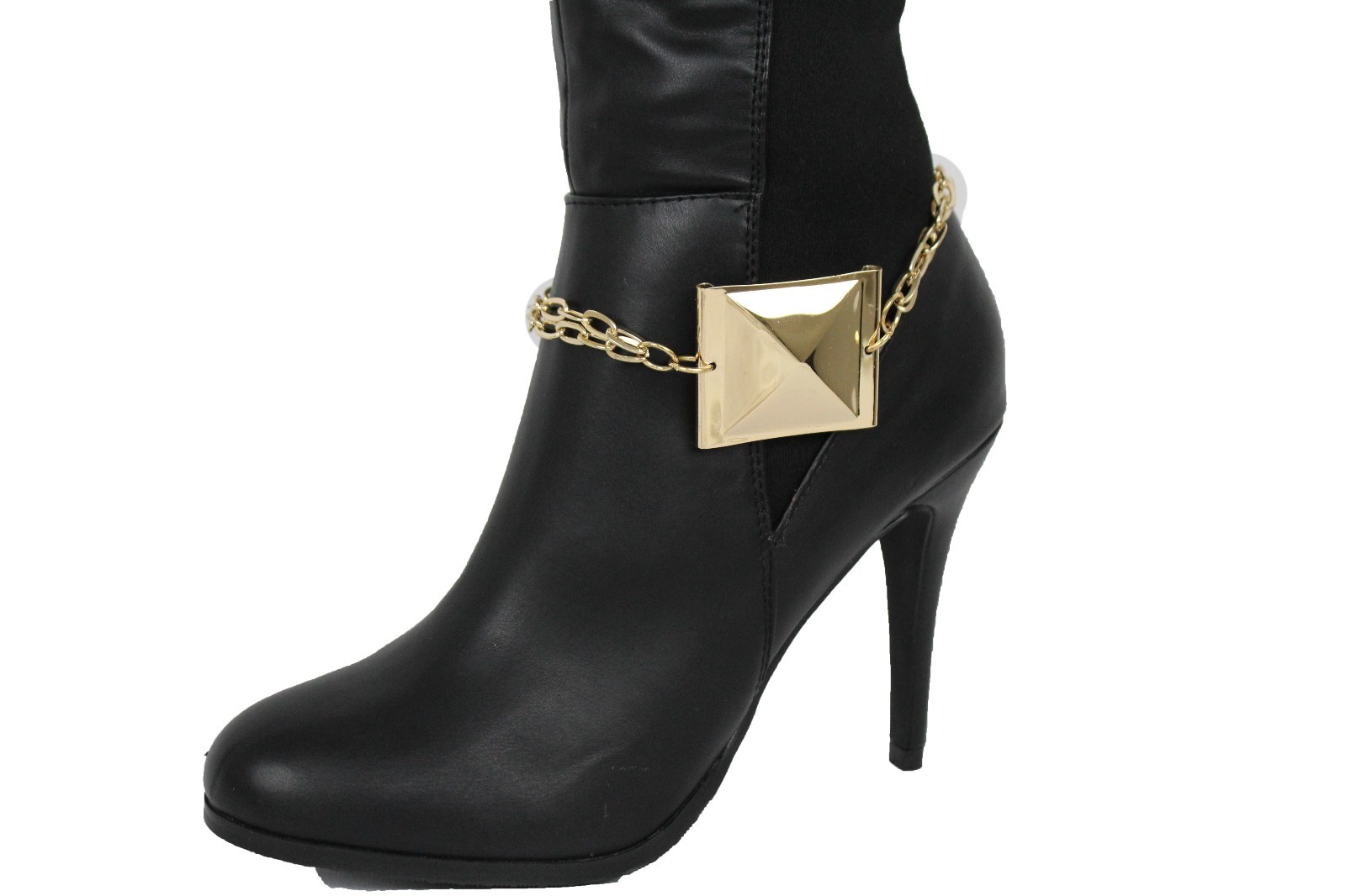 Women Fashion Gold Metal Chain Boot Bracelet Shoe Bling Big Pyramid ...