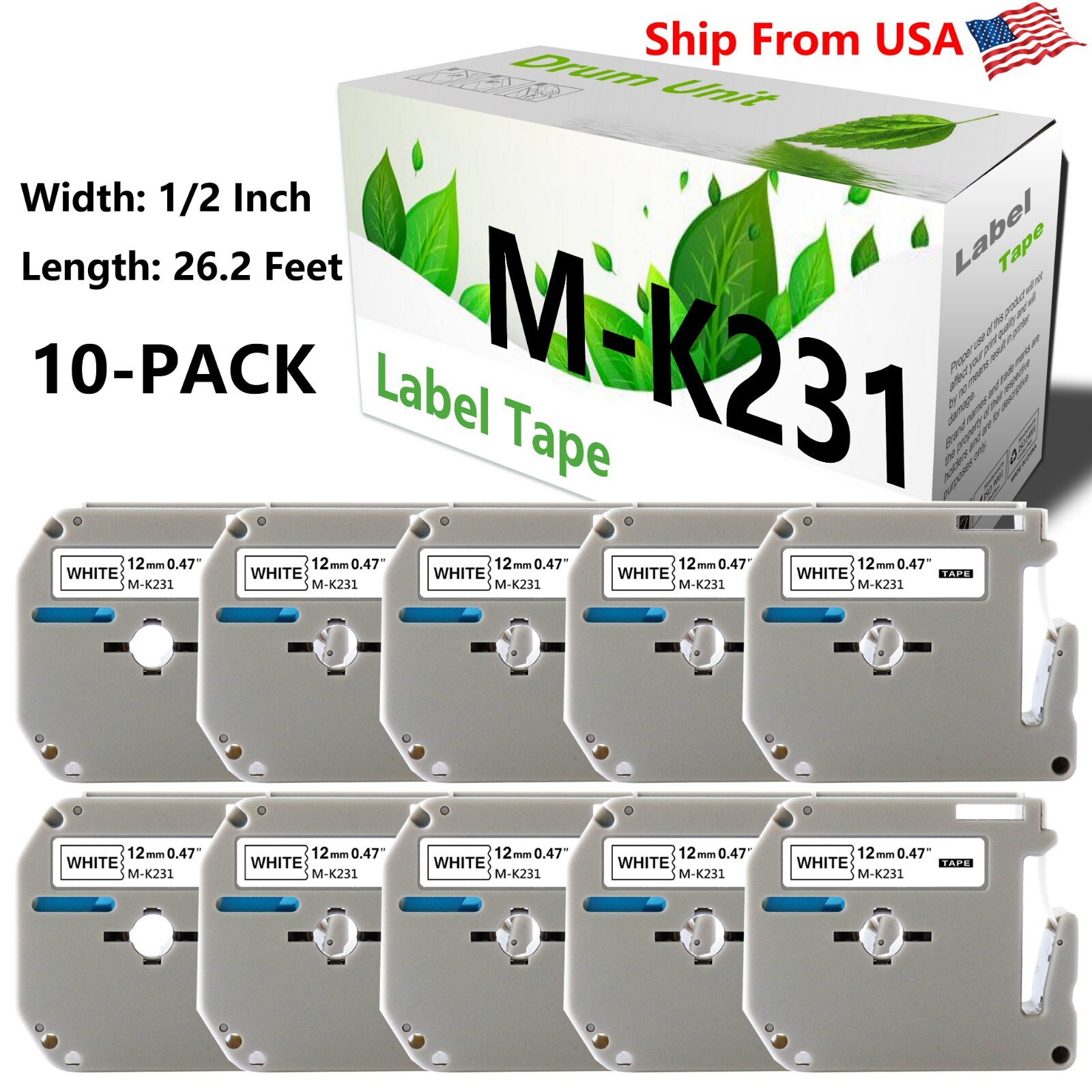 (10-Pack, 12mm)MK231S Label Tape MK231 M-231 for PT 45 PT 55 Laber ...