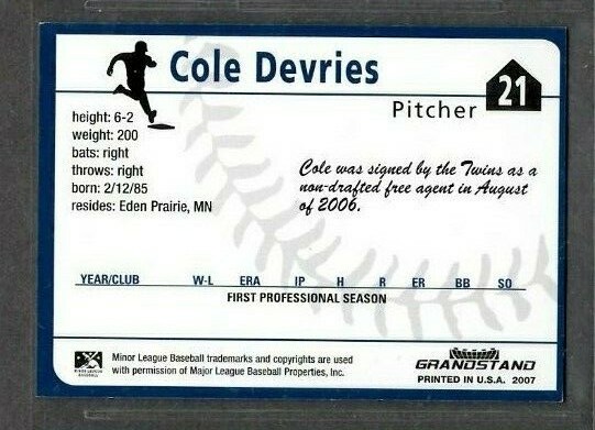 2007 Grandstand Beloit Snappers #21 Cole Devries Baseball Card Signed ...