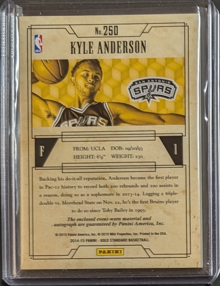 2014-15 Gold Standard Kyle Anderson Rookie Patch Autograph Auto Dual RC ...