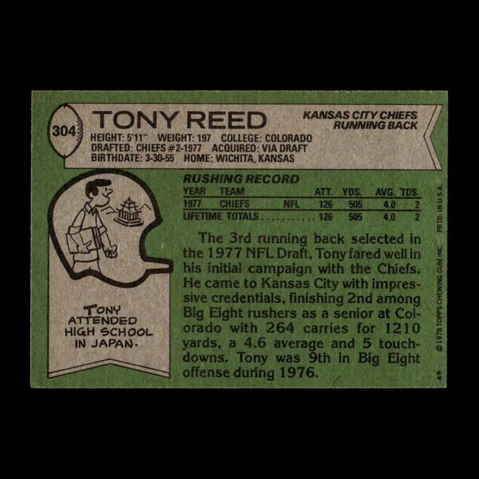 Tony Reed 1978 Topps Rookie Kansas City Chiefs #304 R309A 4 | eBay