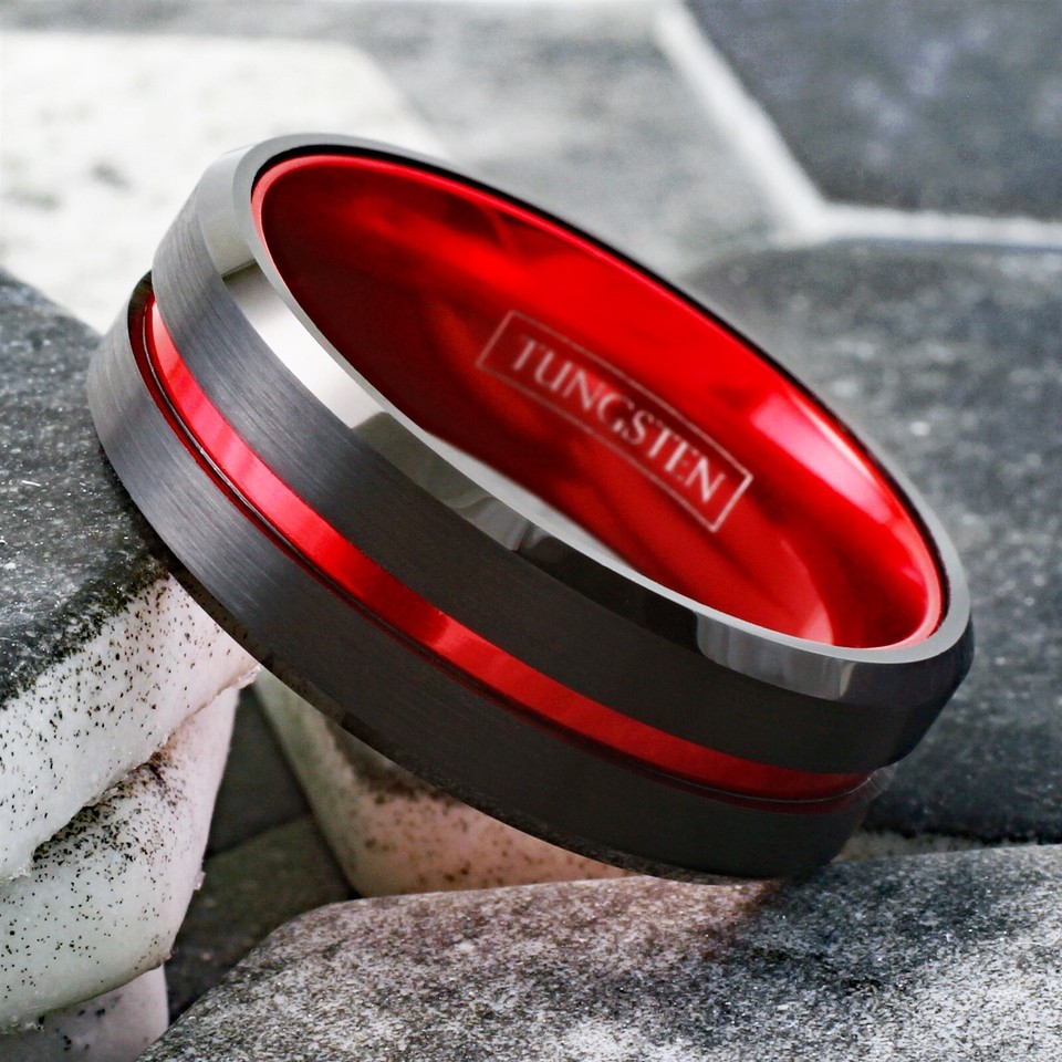 Black Tungsten Carbide Mens Thin Red Line Band Ring-Firefighters First ...