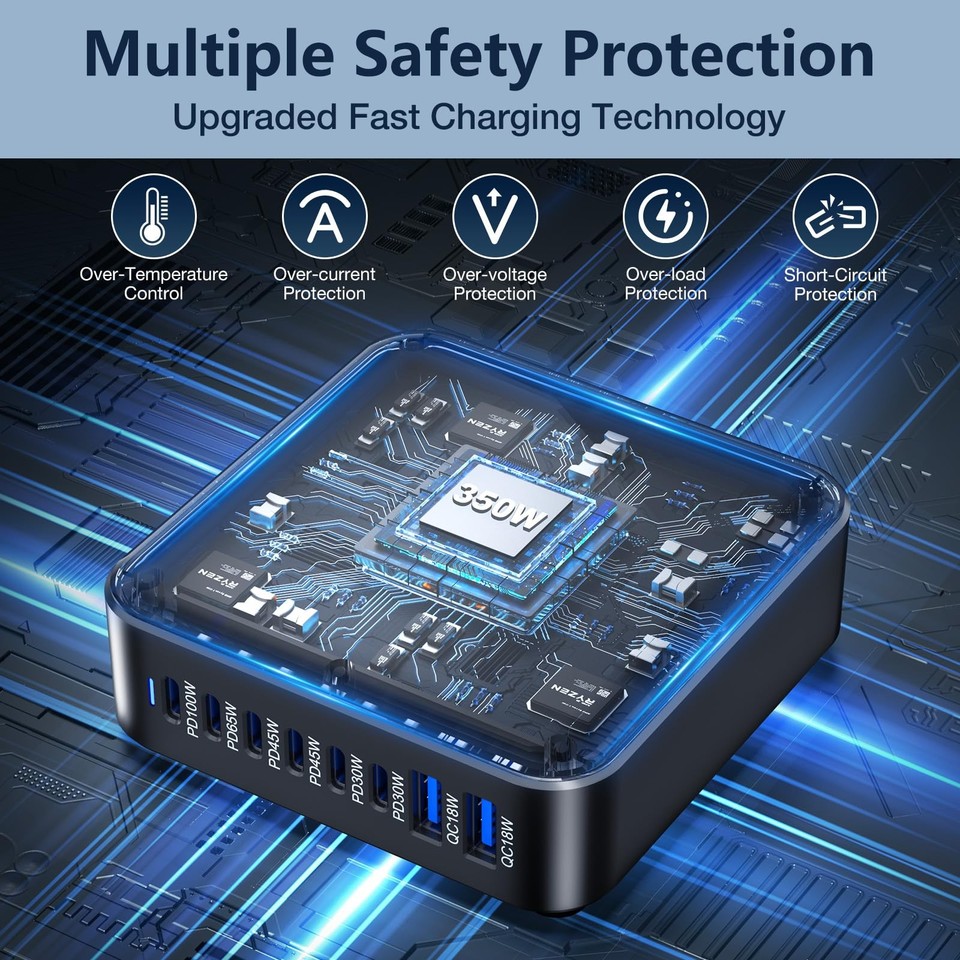 350W USB Fast Charging Station, 8 Port USB C Multi Port Charger Block ...