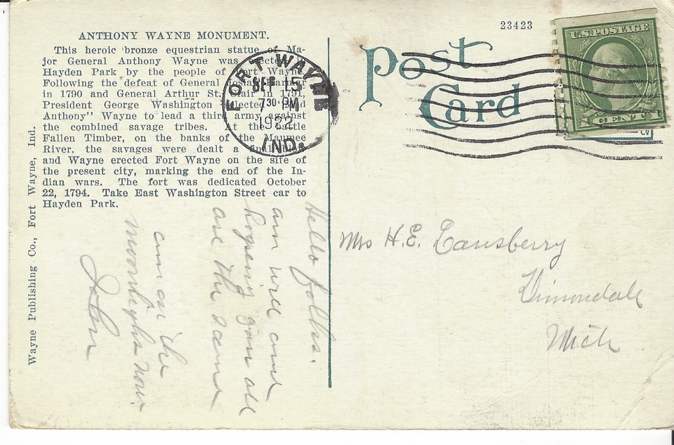 POSTCARD ANTHONY WAYNE MONUMENT FORT WAYE INDIANA | eBay
