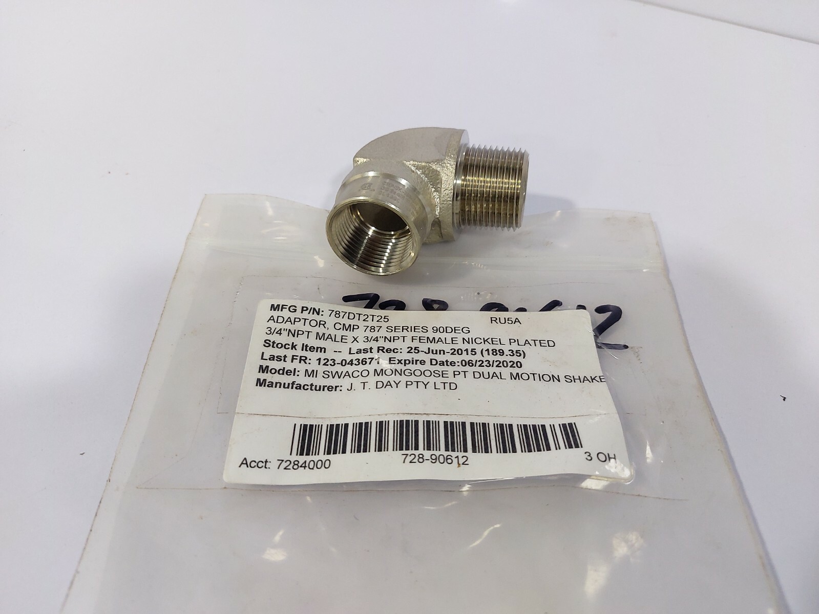 CMP 787 Series 90Deg J.T. Day PTY Ltd 787DT2T25 Adaptor ¾”NPT Male X ¾ ...