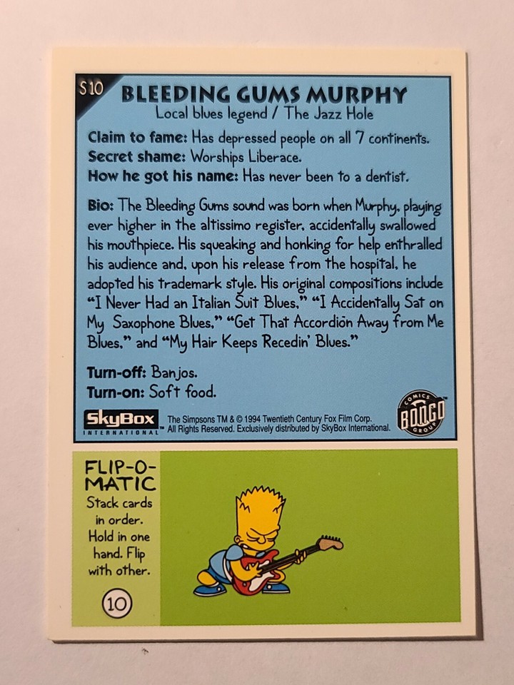 Bleeding Gums Murphy - 1994 Skybox The Simpsons Series 2 - Card No. 10 ...