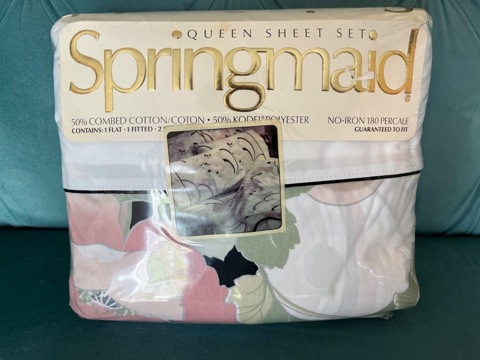 Vtg Springmaid QUEEN Sheet Set Andre Richard 'ANASTASIA' Lg PINK POPPY ...