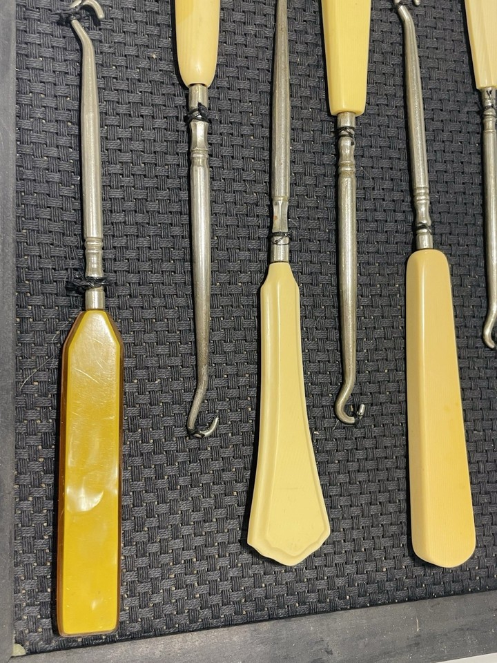 Vintage 7 Framed Bakelite Celluloid Button Hooks Corset 12” H x 9.5” | eBay