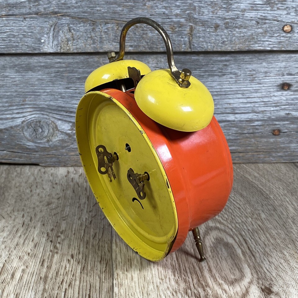 Vintage Unique Bell Alarm Clock Round, Working Alarm Orange and Yellow ...