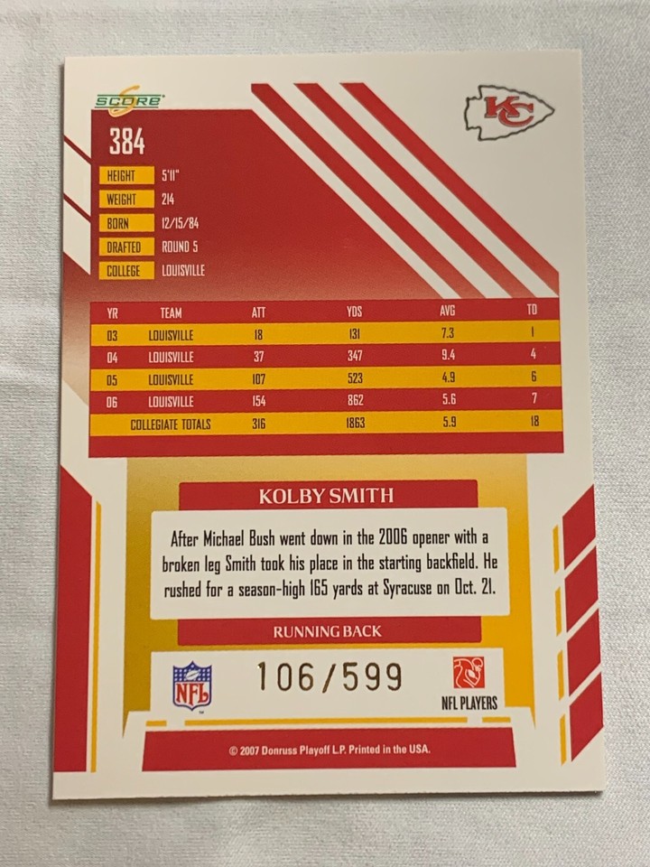 2007 Score Select Kolby Smith Rookie RC /599 #384 Chiefs | eBay