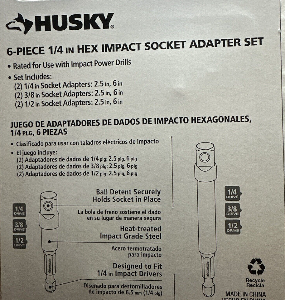 Husky (6) Piece 1/4 Hex impact Socket Adapter Set - 1/2, 3/8, 1/4 drive ...