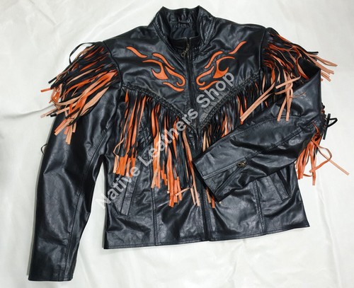 Women's Western Wear Flames Cowhide Leather Fringe Biker Jacket J262 | eBay