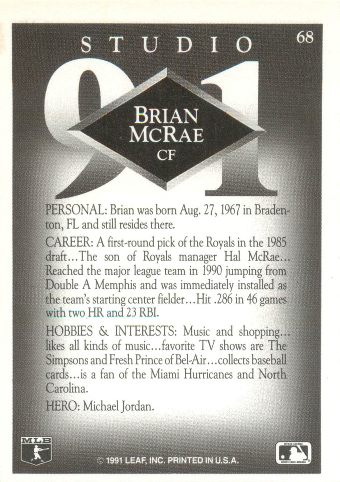 1991 Studio #68 Brian McRae Kansas City Royals | eBay