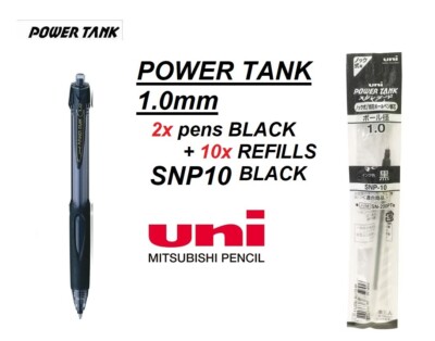 2x UNIBALL Power Tank Pen 1.0mm pressurised ink BLACK + 10x REFILLS ...