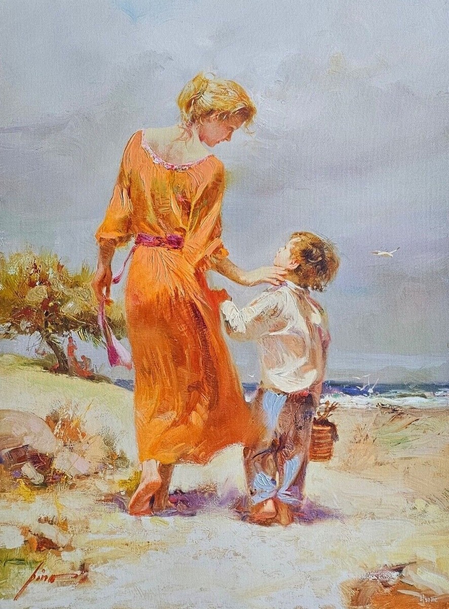 Pino Daeni Hand Embellished Pino Evening Woman In Pink Dress Portrait