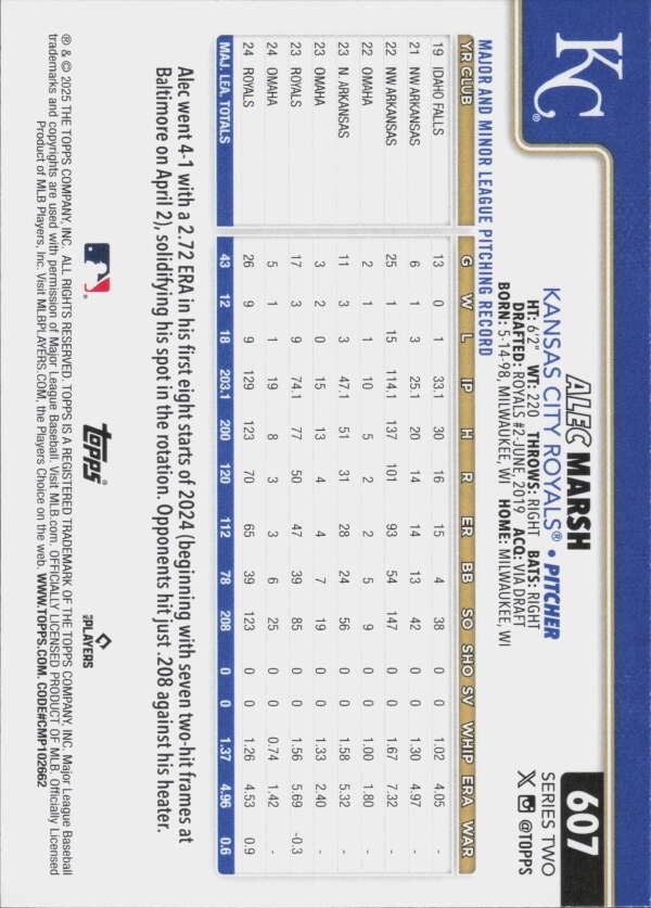 Alec Marsh 2025 Topps #607 MLB Royals ID:144316 | eBay