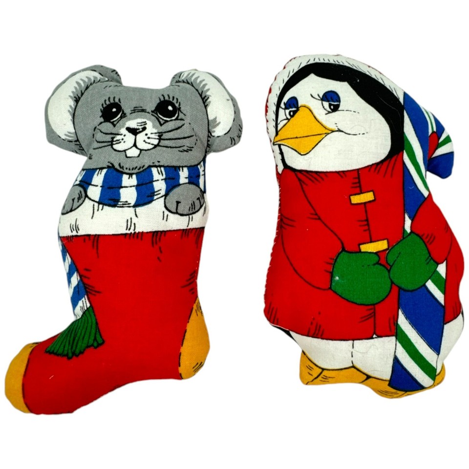 2 - Vintage Fabric Stuffed Christmas Ornaments Penguin Mouse Handmade 6 ...