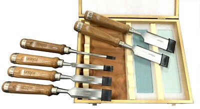6pc Wood Chisel Set & 2 Sharpening Stone Kit Walnut Handles and wooden ...
