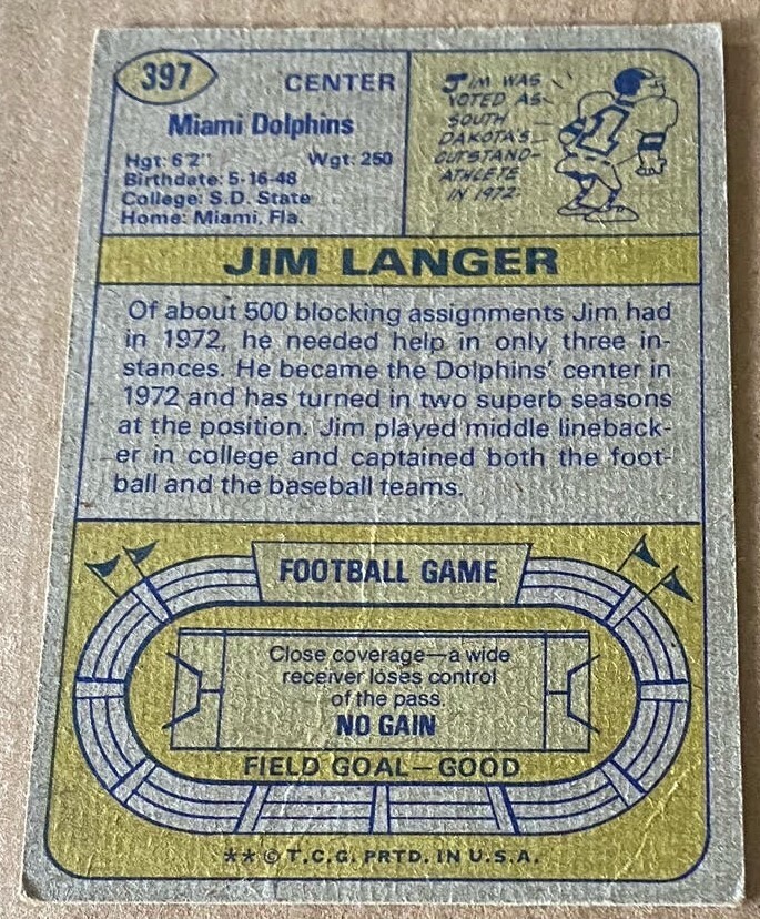 1974 TOPPS CARD #397 JIM LANGER P-G Condition | eBay
