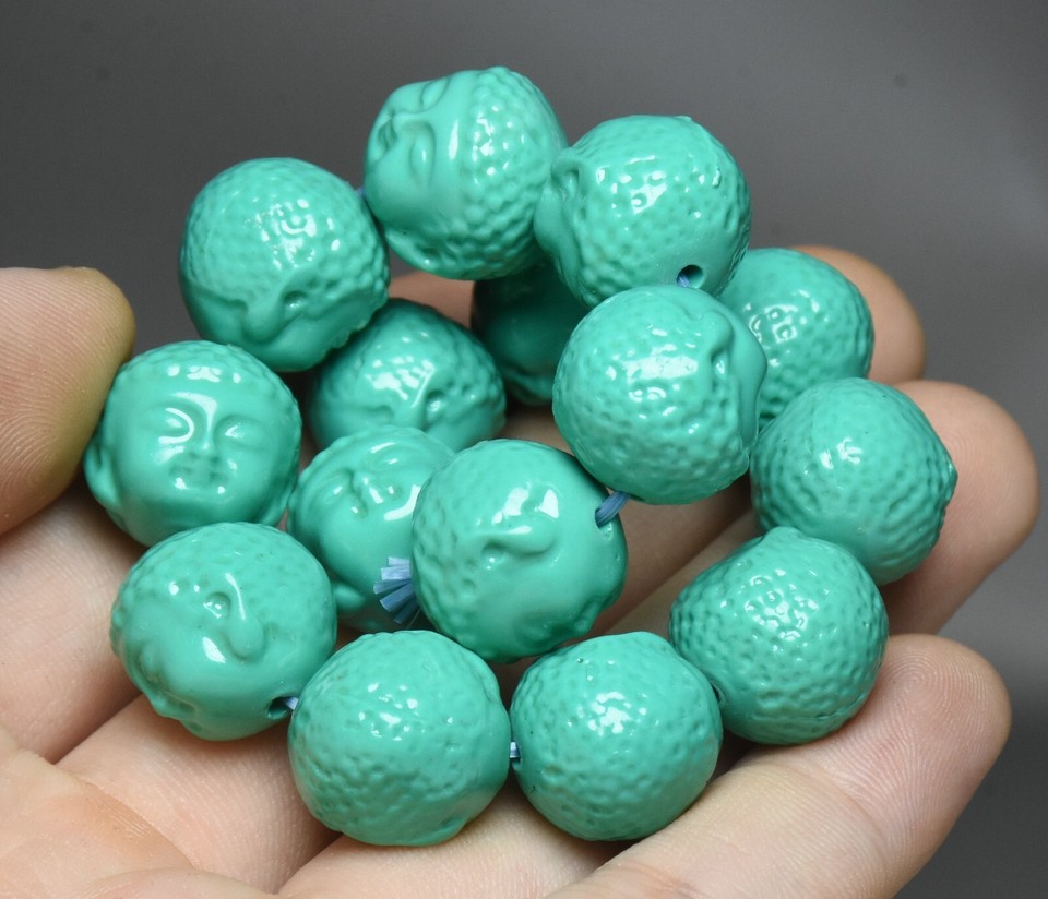 11cm Old China Turquoise Carving Sakyamuni Buddha Head Hand Chain ...