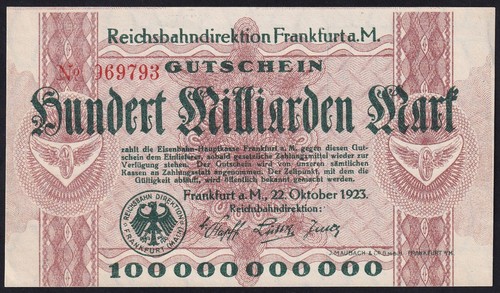 1923 100 Billion Mark German Railroad Frankfurt Vintage Paper Money ...