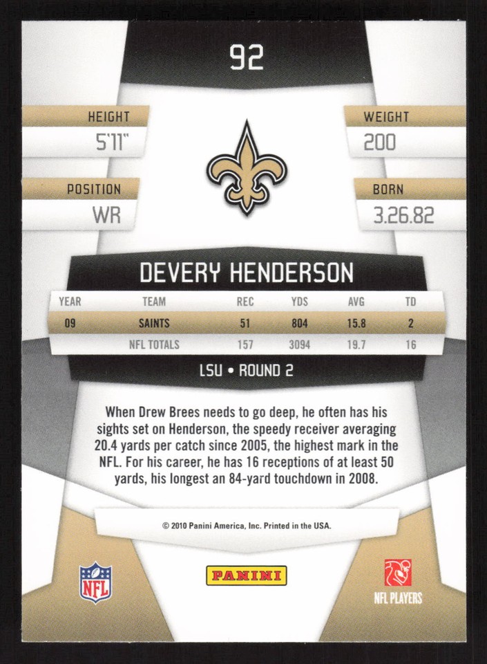 2010 Panini Certified Devery Henderson #92 New Orleans Saints | eBay