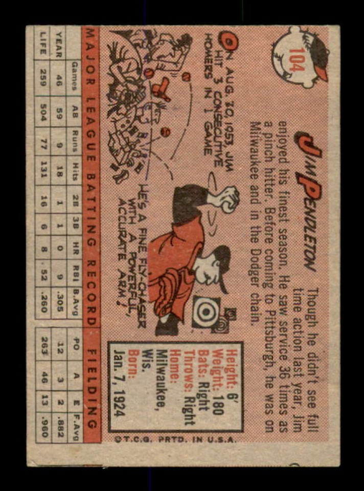 1958 Topps #104 Jim Pendleton VG/VGEX Pirates 554029 | eBay