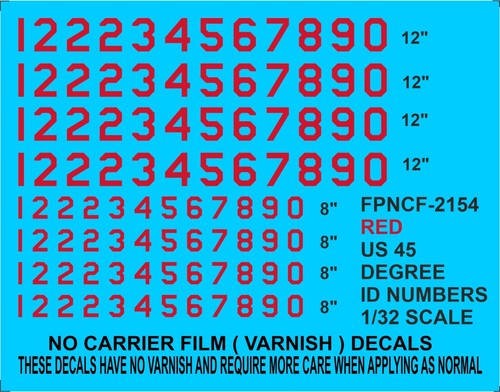 US 45 DEG ID NUMBERS 8" & 12" waterslide transfers decals FPNCF-2154 ...