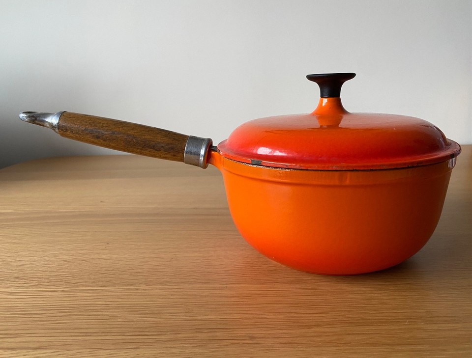 Vintage Volcanic Orange Cast Iron Saucepan with Lid and Wooden Handle ...