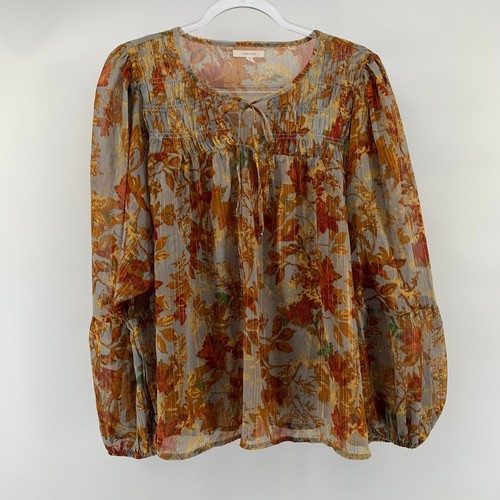 Boho Fall Floral Peasant Blouse Sheer Gold Thread Long Sleeve Top Large ...