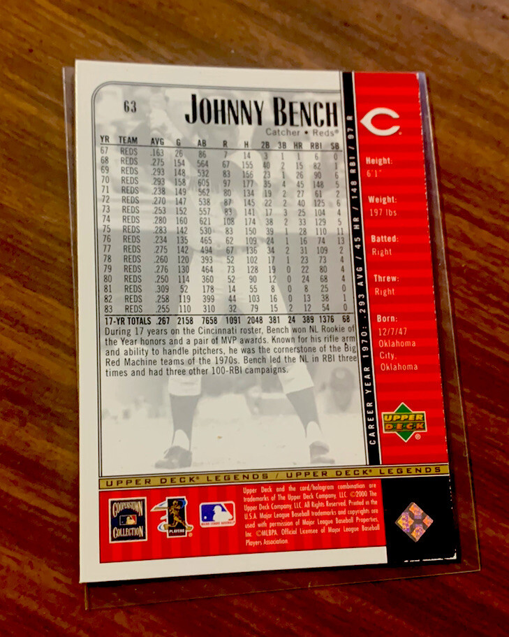 Johnny Bench 2000 Upper Deck Legends Baseball Card #63, Reds MLB HOF’er ...