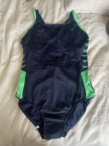 Speedo Boom Logo Splice Muscle back Womens Swimsuit Navy Blue & Green ...