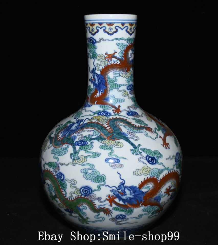 13.7" Qianlong Blue White Wucai Porcelain Dragon Beast Animal Bottle ...